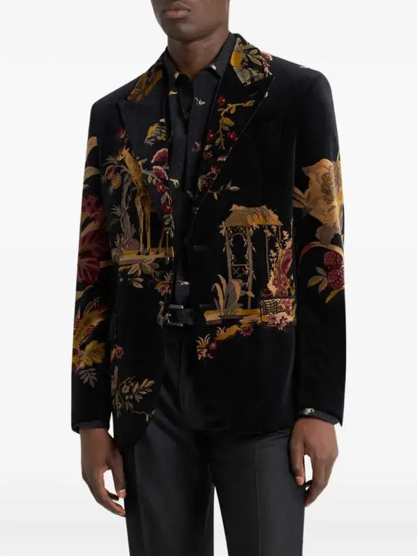 Etro Single-breasted Cotton Velvet Jacket With Applied Floral And Animal Print