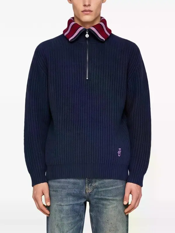 Drole De Monsieur Ribbed-knit Half-zip Sweater