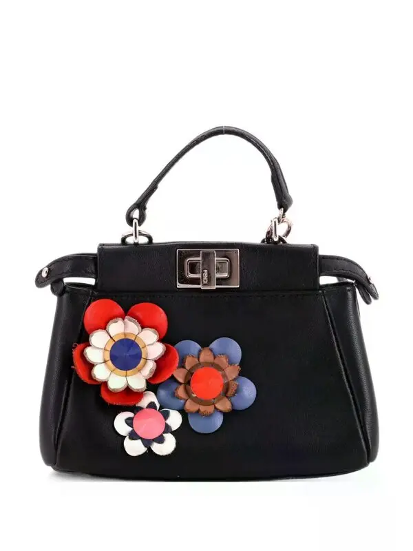 Fendi Peekaboo Bag Floral Embellished Leather Micro Satchel - Black