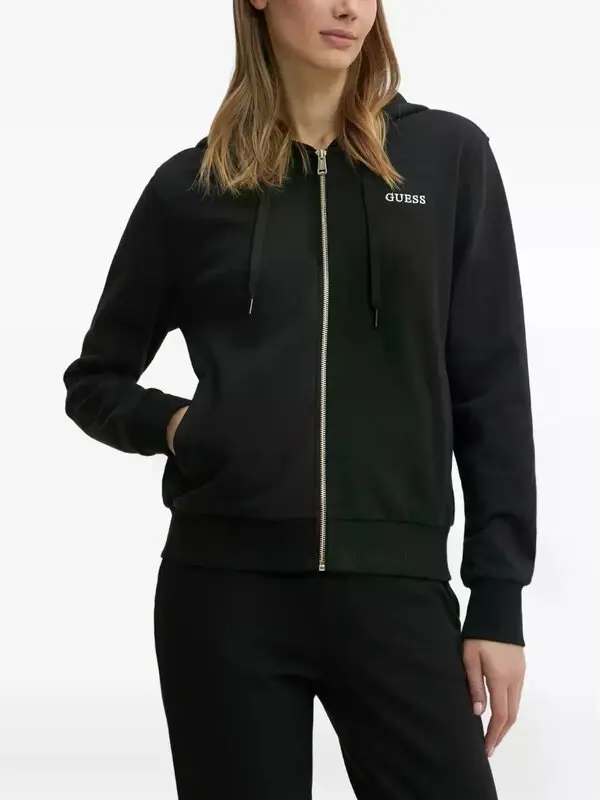 Guess Logo-embroidered Zip-up Hoodie - Black