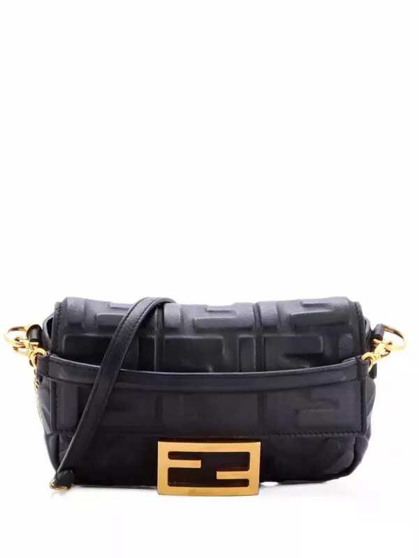Fendi Baguette Nm Bag Zucca Embossed Leather Mini Crossbody Bag - Black