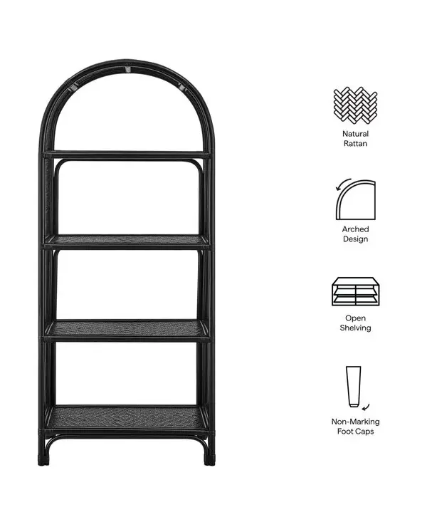 MODWAY Celeste 67 Inch Tall Arched Rattan Bookshelf - Black