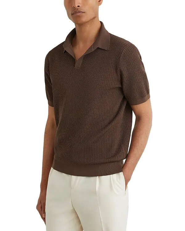 REISS Ribbed Knit Open Collar Polo Shirt
