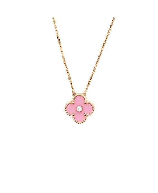 VAN CLEEF & ARPELS Vintage Alhambra Pendant Necklace 18k Rose Gold And Sevres Porcelain With Diamond, 16.5 - Pink