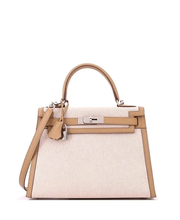 Hermès Kelly 28 Handbag Toile And Brown Swift With Palladium Hardware