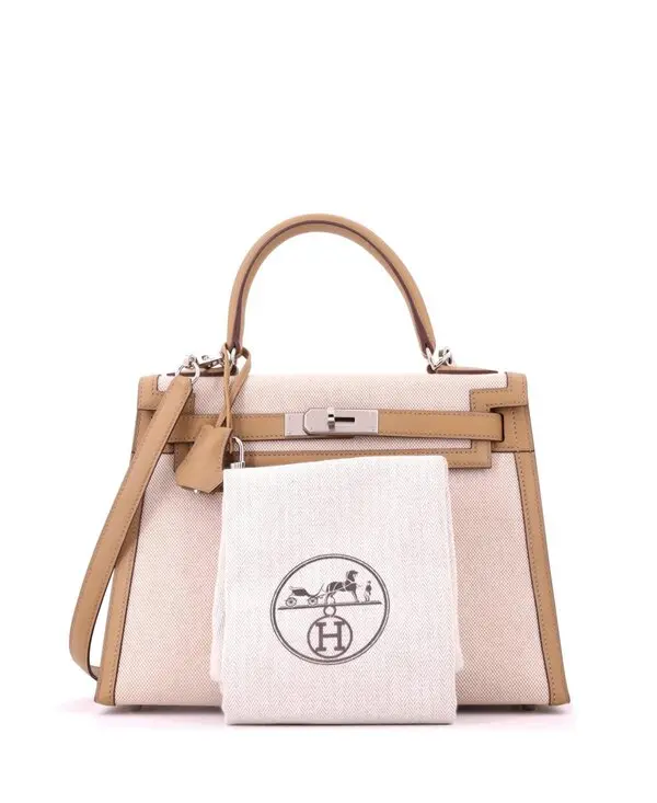 Hermès Kelly 28 Handbag Toile And Brown Swift With Palladium Hardware