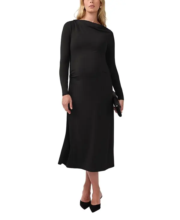 INGRID & ISABEL Ruched Mock Neck Maternity Midi Dress - Black