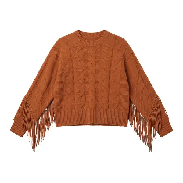 BRODIE CASHMERE Cable Fringe Crew Caramel