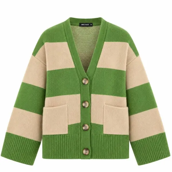 CARA & THE SKY Candice Chunky Stripe V Neck Button Cardigan & Beige - Green