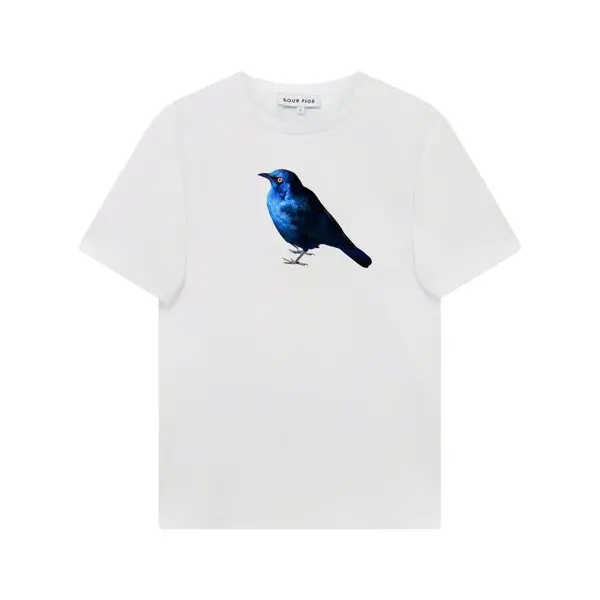 SOUR FIGS Greater Blue-eared Starling Print T-shirt In White - White/blue