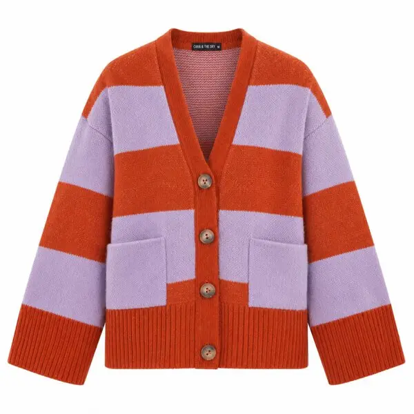 CARA & THE SKY Candice Chunky Stripe V Neck Button Cardigan Lilac - Orange