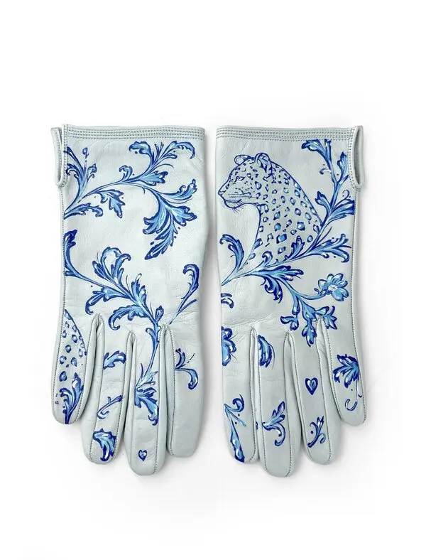 MAISON RUBAIYAT Fabienne Hand-painted Nappa Leather Art Gloves – Leopard - Blue