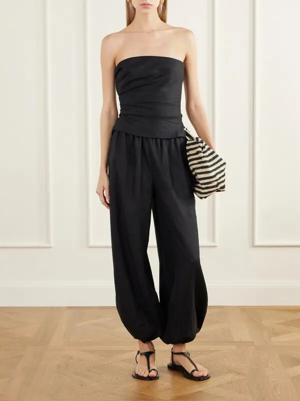 Faithfull The Brand Kortez Balloon Gathered Linen Woven Tapered Pants - Black