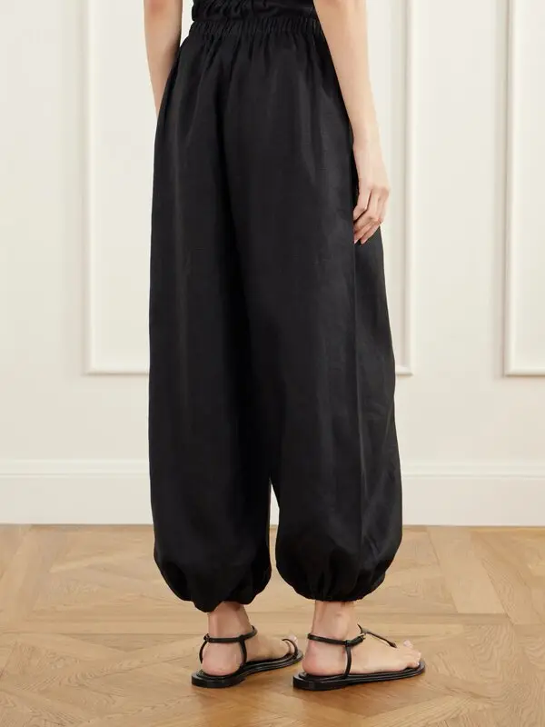 Faithfull The Brand Kortez Balloon Gathered Linen Woven Tapered Pants - Black