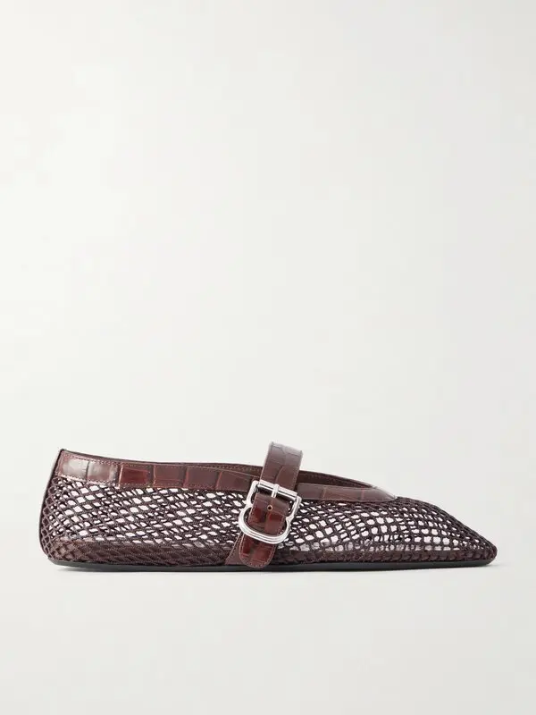 Alaïa La Ballerine Croc-effect Leather-trimmed Mesh Ballet Flats - Brown