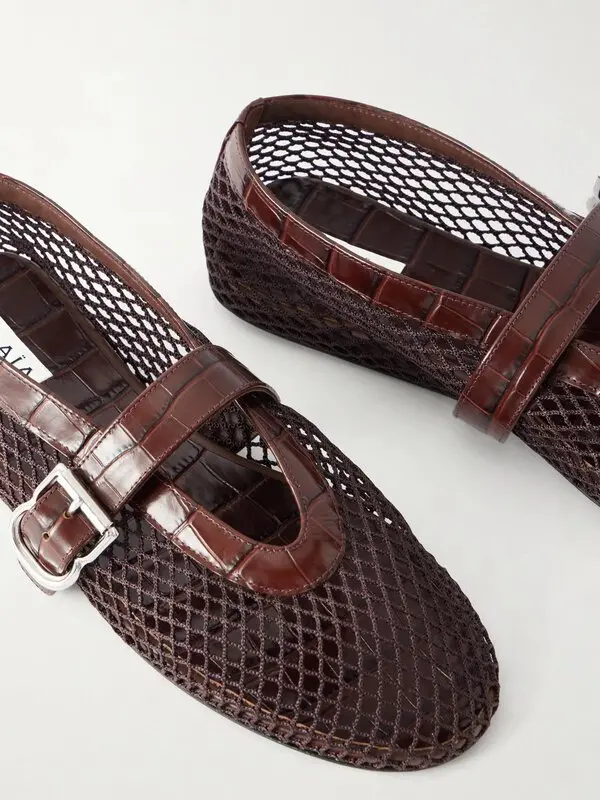Alaïa La Ballerine Croc-effect Leather-trimmed Mesh Ballet Flats - Brown