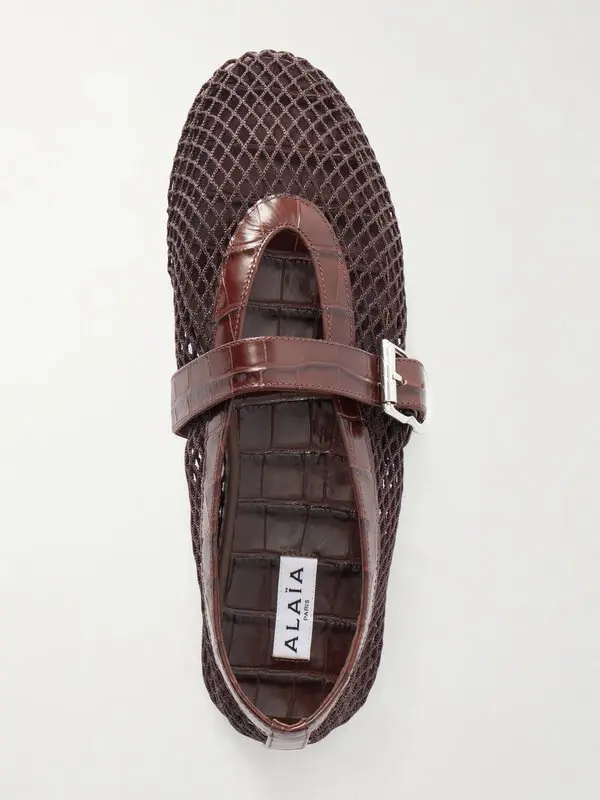 Alaïa La Ballerine Croc-effect Leather-trimmed Mesh Ballet Flats - Brown