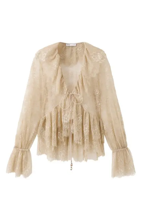 Mango Lace Ruffle Long Sleeve Shirt - Sand