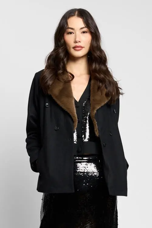 Central Park West Asher Melton Fur Collar Peacoat - Black