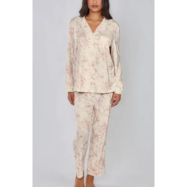 ICOLLECTION Toile Print Long Sleeve Pajama Set - Ivory