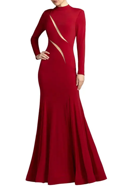 Mac Duggal Mock Neck Long Sleeve Cut Out Jersey Gown