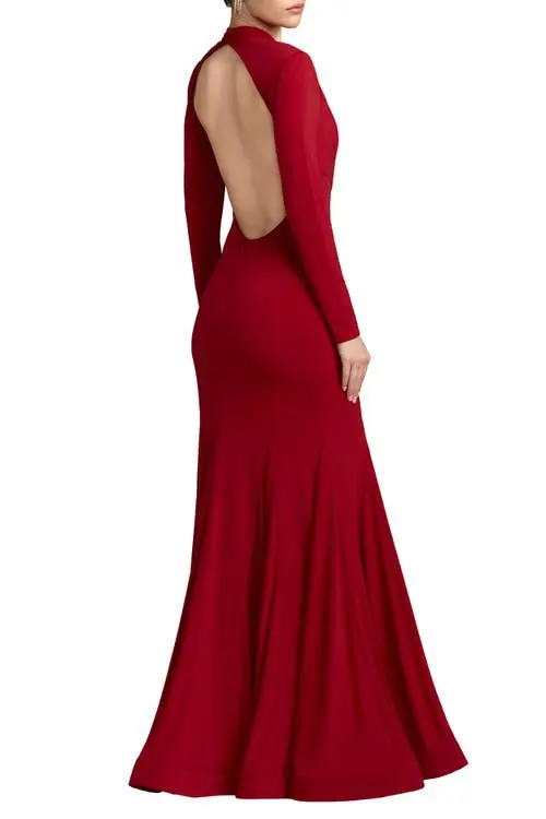 Mac Duggal Mock Neck Long Sleeve Cut Out Jersey Gown