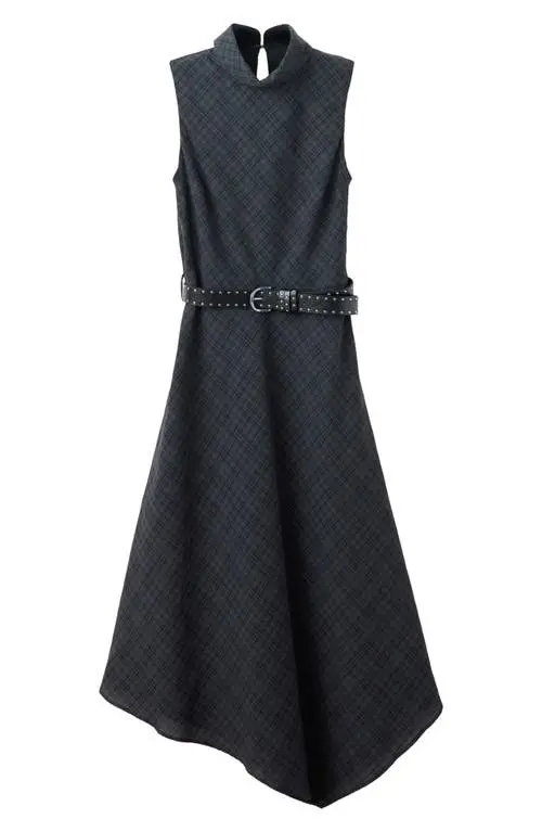 Mango Belted Check Sleeveless Maxi Dress - Grey
