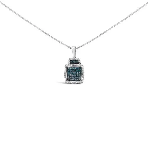 HAUS OF BRILLIANCE 925 Sterling 1/2 Cttw Blue Diamond With White Diamond Halo Block Pendant Necklace - Silver