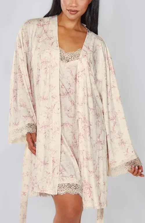 ICOLLECTION Toile Print Lace-trim Brushed Knit Robe