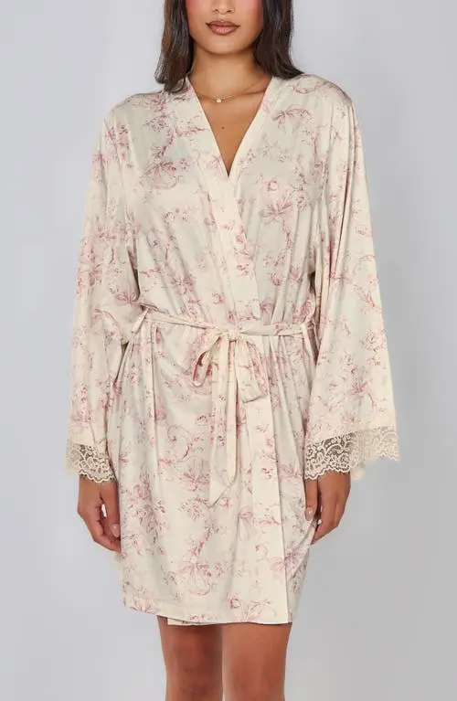 ICOLLECTION Toile Print Lace-trim Brushed Knit Robe - Ivory
