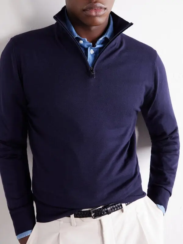 Canali Rib-trimmed Wool Half-zip Sweater