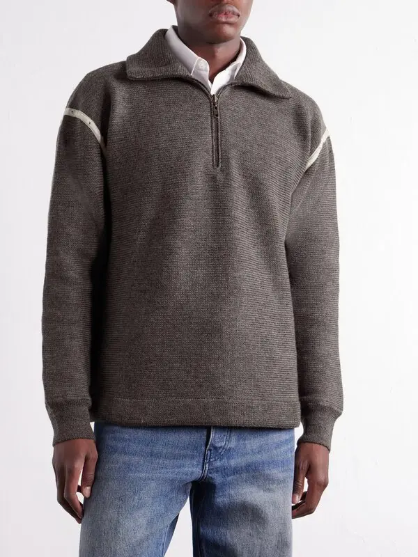 MAISON MARGIELA Distressed Denim-trimmed Wool Half-zip Sweater