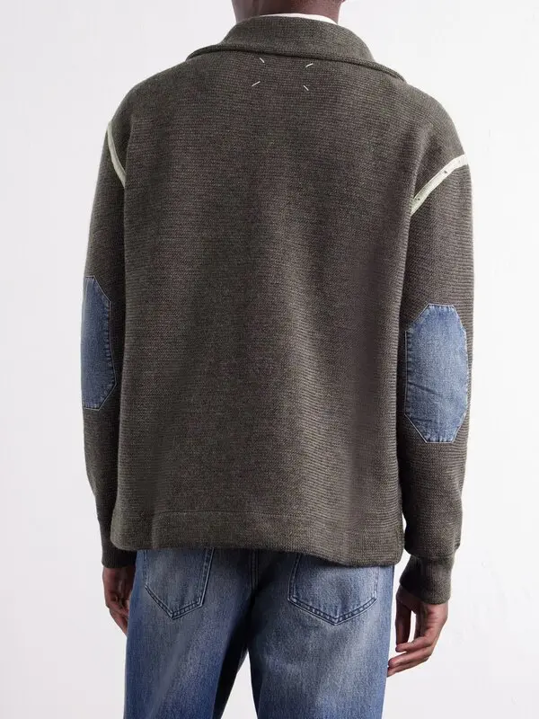 MAISON MARGIELA Distressed Denim-trimmed Wool Half-zip Sweater