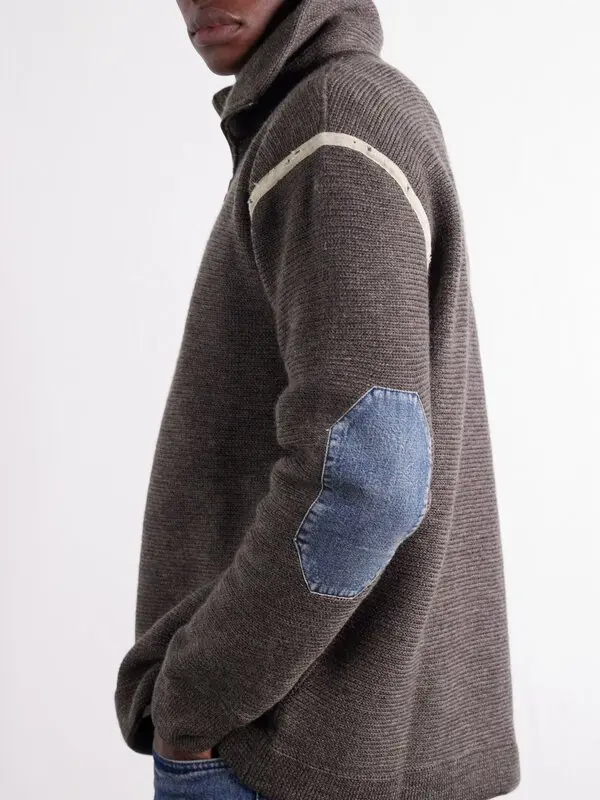 MAISON MARGIELA Distressed Denim-trimmed Wool Half-zip Sweater