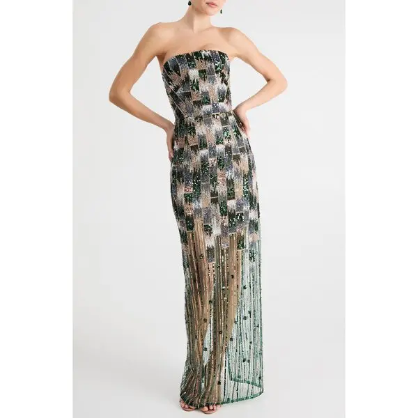 HELSI Cher Sequin Mixed Print Strapless Gown - Emerald