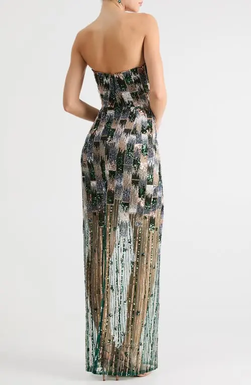 HELSI Cher Sequin Mixed Print Strapless Gown - Emerald