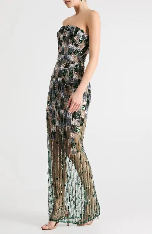 HELSI Cher Sequin Mixed Print Strapless Gown - Emerald