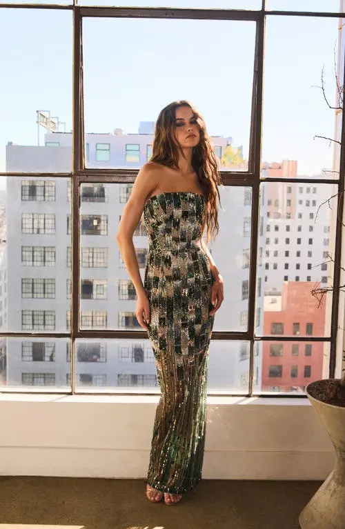 HELSI Cher Sequin Mixed Print Strapless Gown - Emerald