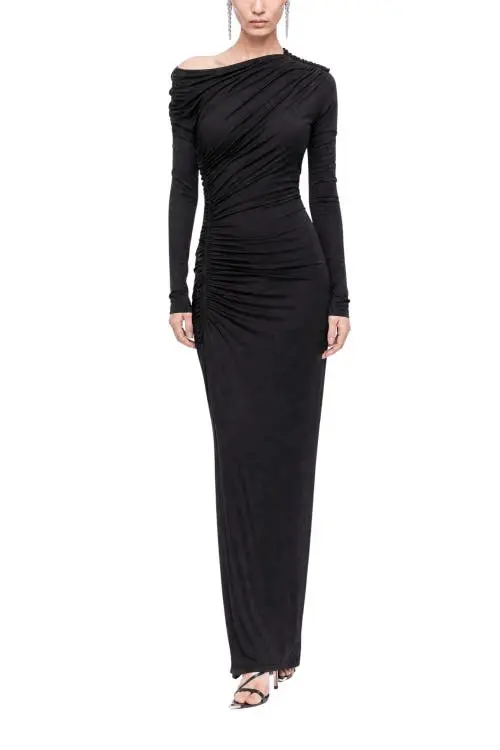 NOCTURNE Asymmetric Draped Maxi Dress - Black