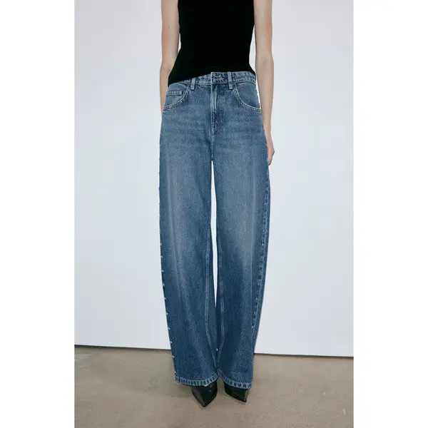 Mango Studded Mid Rise Balloon Jeans - Medium Blue