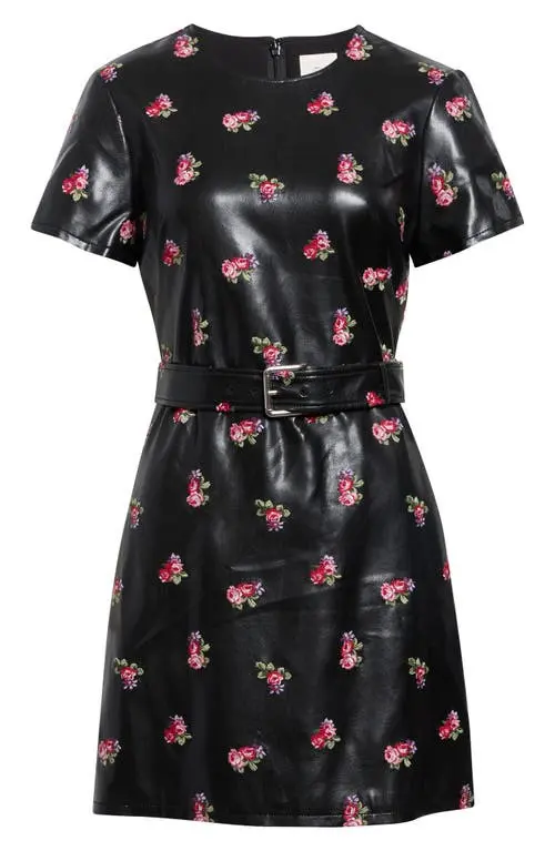 Cinq À Sept Bea Tossed Roses Embroidered Faux Leather Minidress