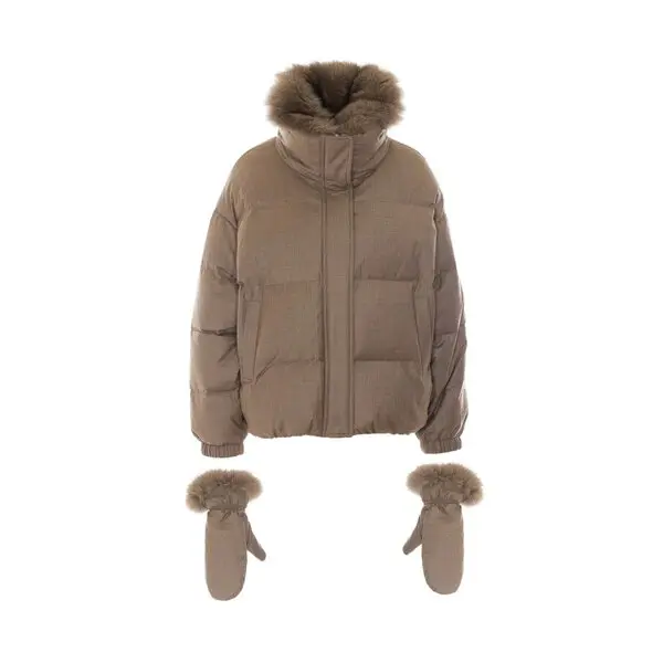 YVES SALOMON Short Flannel Down Jacket With Peel-off Neck In Fox Fur And Mittens - Brown