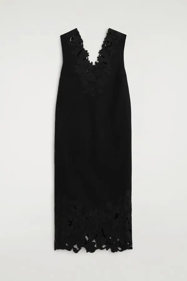Cos Embroidered Double-faced Wool Dress - Black