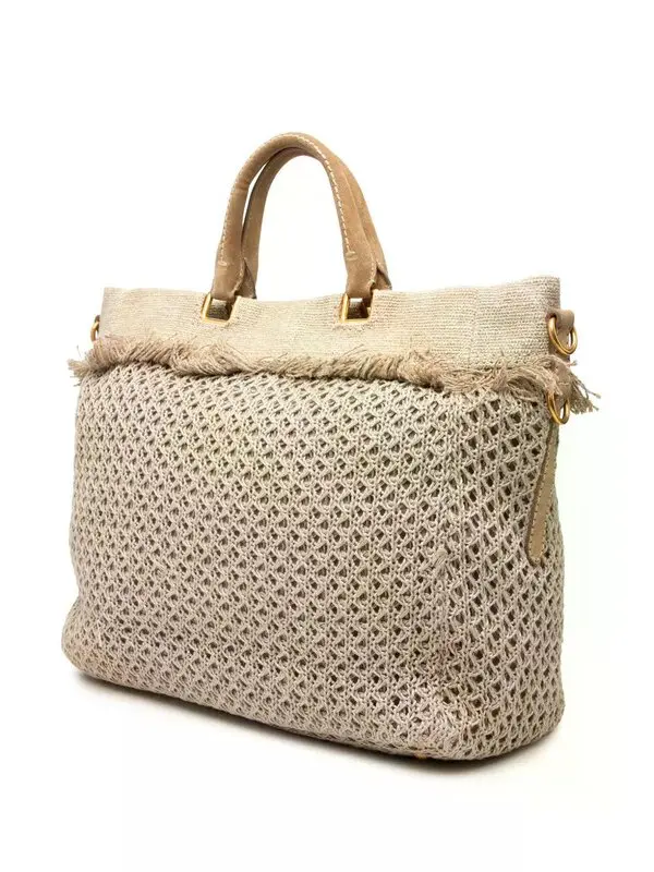 Prada 2013-2026 Raffia Crochet And Linen Fringe Shopping Tote Satchel