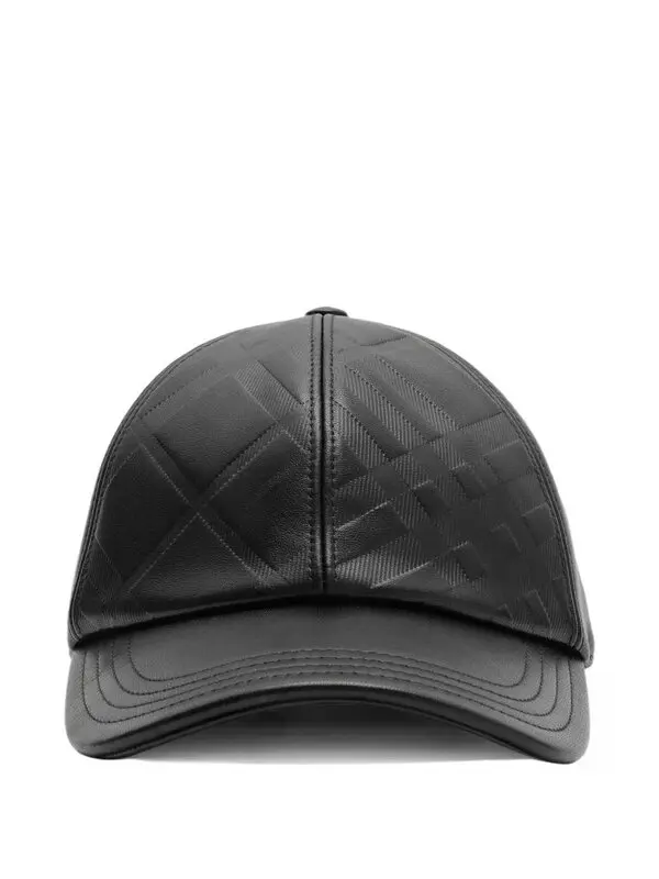 Burberry Embossed Check Leather Baseball Cap - Black