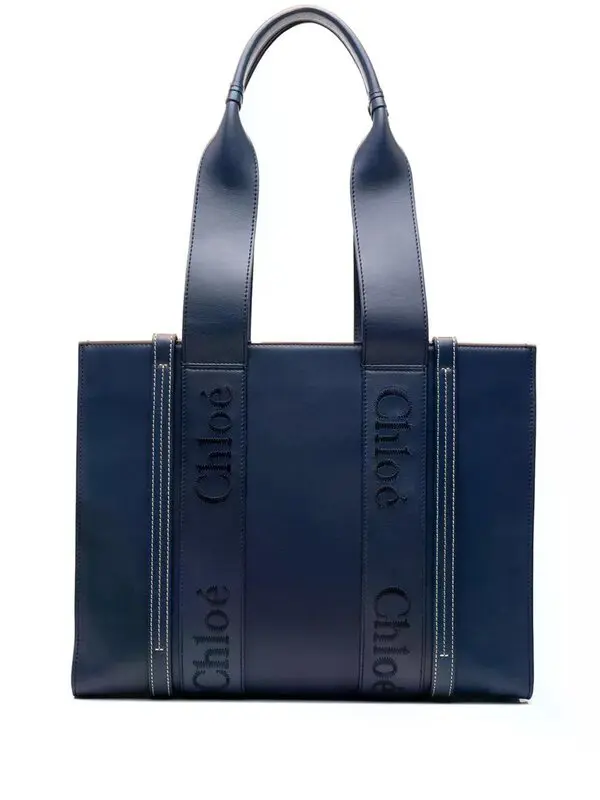 Chloé 2021-2023 Medium Calfskin Woody Tote Bag - Blue