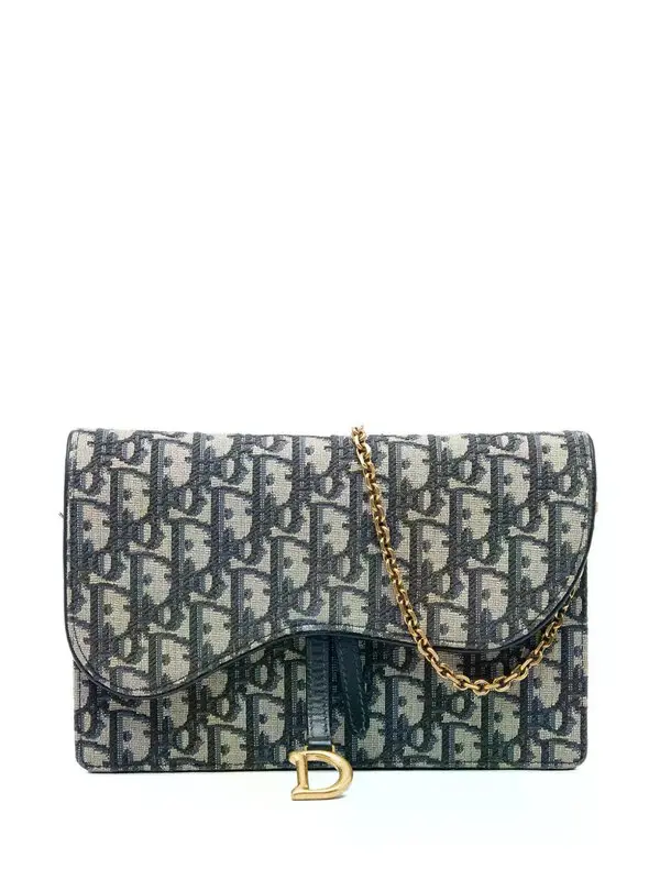 Dior 2022 Oblique Canvas Saddle Pouch Wallet On Chain Crossbody Bag - Blue