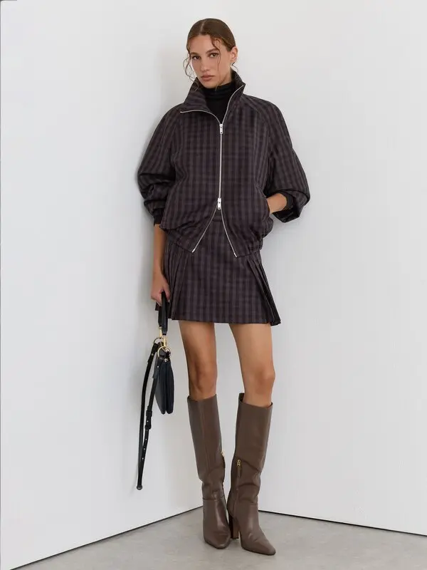 REISS Carla Wool Gingham-check Bomber Jacket - Grape Check