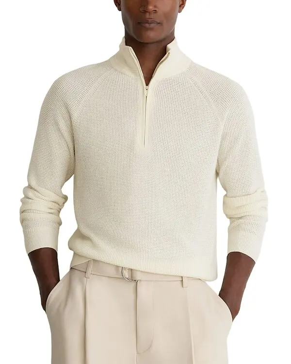 REISS Tristan Half Zip Raglan Waffle Sweater - White