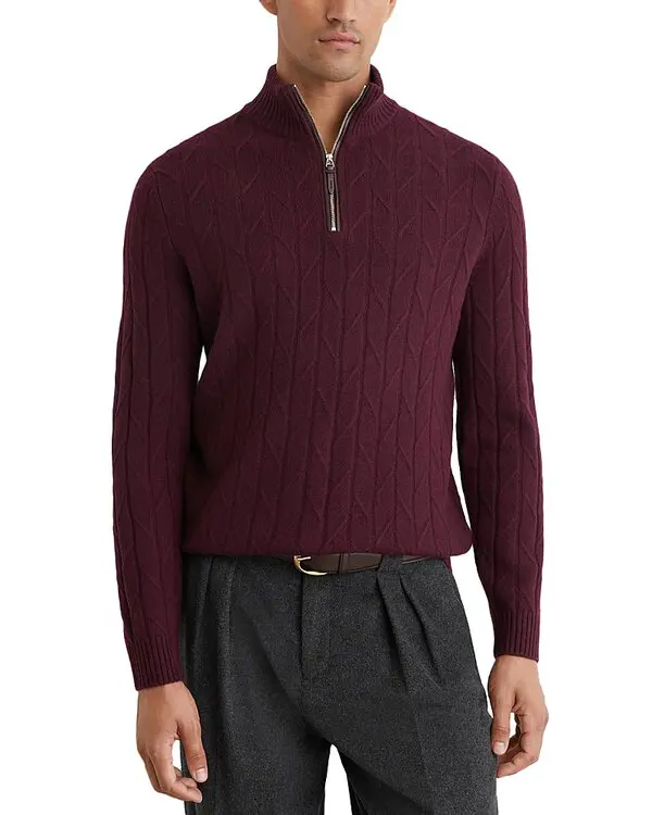 REISS Douglas Wool Half Zip Diagonal Stitch Sweater - Bordeaux